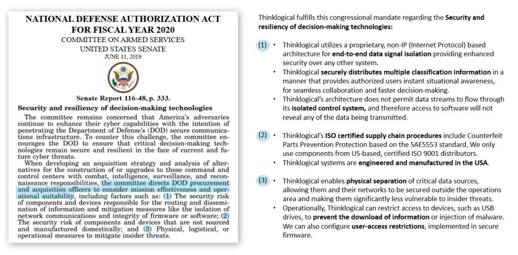 THINKLOGICAL SUPPORTS KEY REQUIREMENTS FOR SENATE NDAA THAT DIRECTS ...